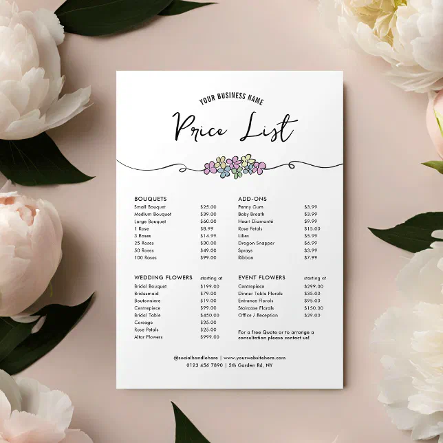 Elegant Floral Chic Florist Business Price List | Zazzle