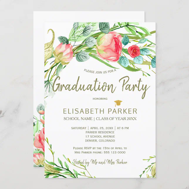 Elegant floral chic garden roses graduation party invitation | Zazzle