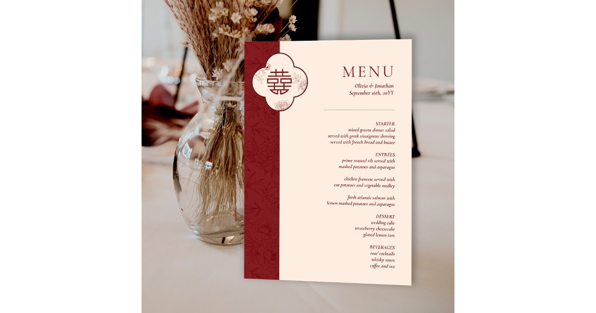 Elegant Floral Chinese Wedding Red Table Menu Card | Zazzle