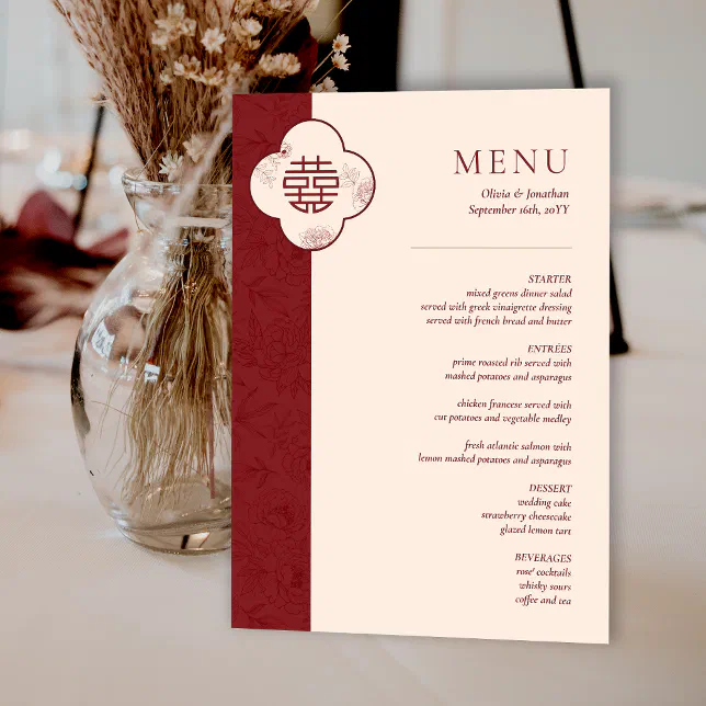 Elegant Floral Chinese Wedding Red Table Menu Card | Zazzle