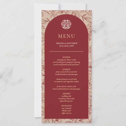 Elegant Floral Chinese Wedding Table Menu Card | Zazzle