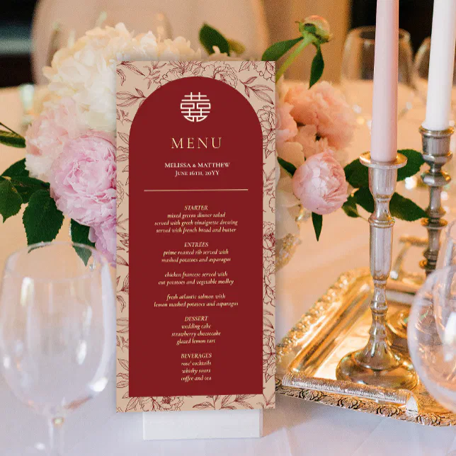 Elegant Floral Chinese Wedding Table Menu Card | Zazzle