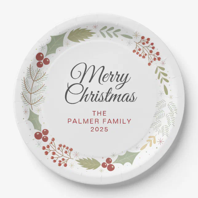 Elegant Floral Christmas Wreath Family Custom Name Paper Plates | Zazzle