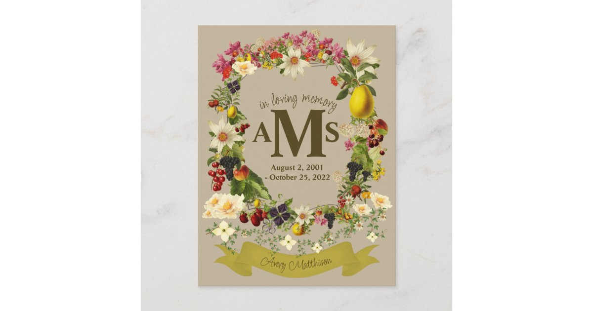 Elegant Floral Crest In Loving Memory Funeral Postcard | Zazzle