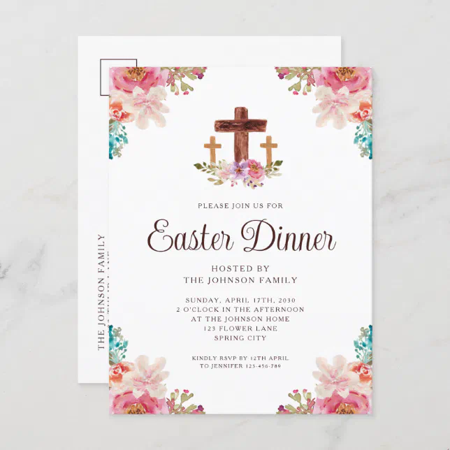 Elegant Floral Cross Easter Dinner Invitation Postcard | Zazzle