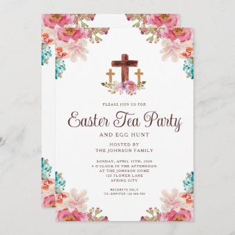 Elegant Floral Cross Easter Tea Party Invitation | Zazzle