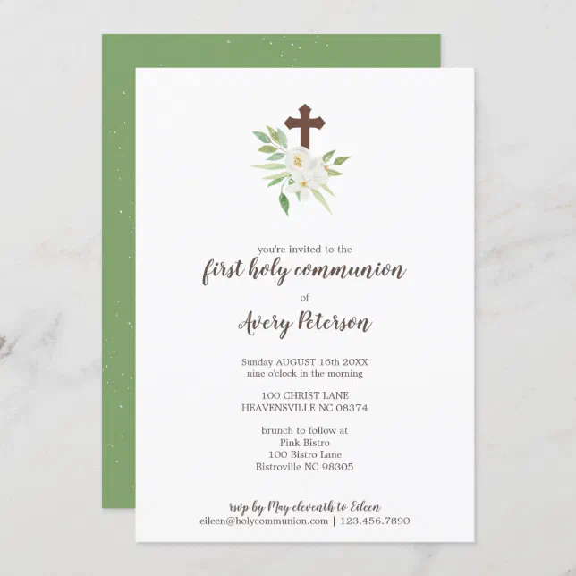Elegant Floral Cross First Holy Communion Invitation | Zazzle