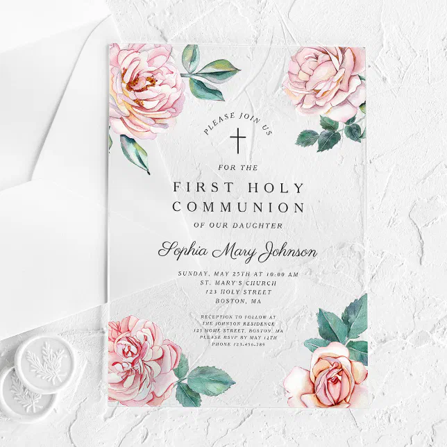 Elegant Floral Cross Girl First Communion Acrylic Invitations | Zazzle