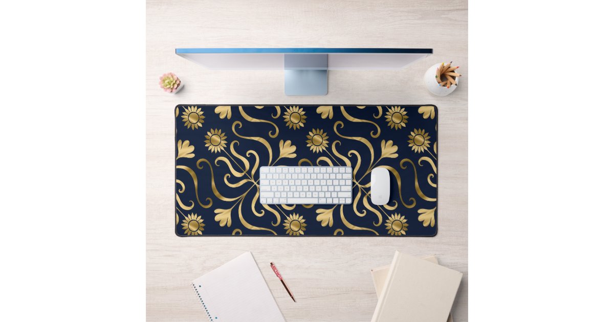Elegant Floral Damask Navy Blue & Gold Sunflower Desk Mat | Zazzle