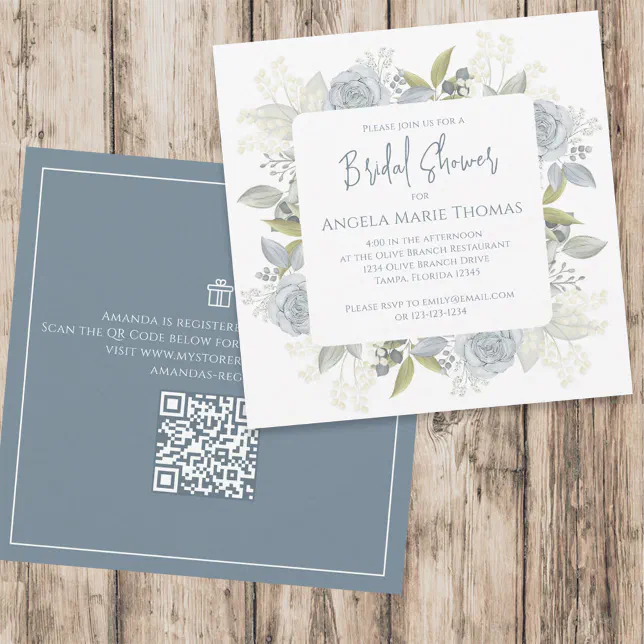Elegant Floral Dusty Blue Bridal Shower QR Code Invitation | Zazzle