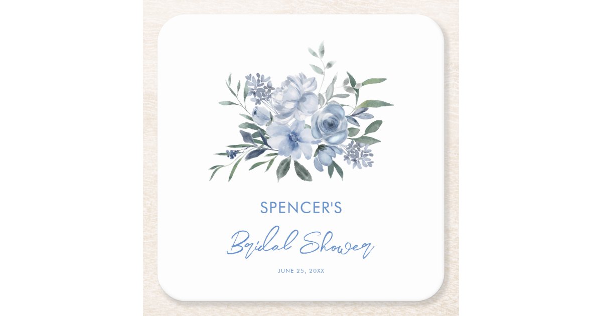 Elegant Floral Dusty Blue Bridal Shower Square Paper Coaster | Zazzle