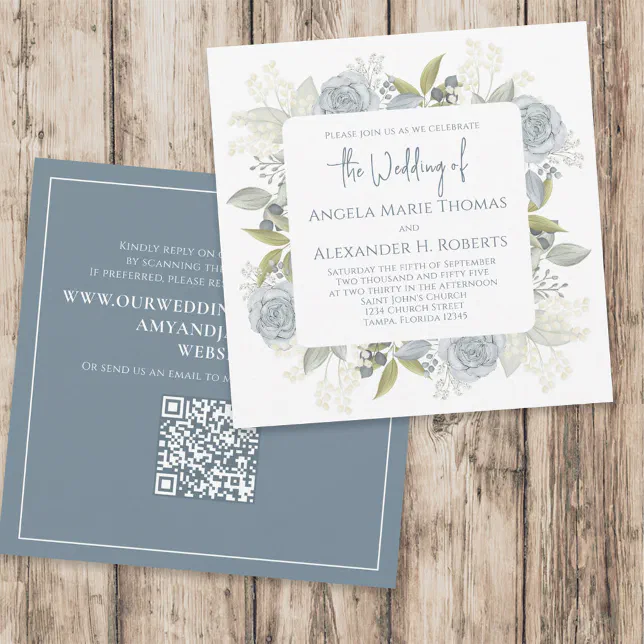 Elegant Floral Dusty Blue Classic Rose QR Code Invitation | Zazzle