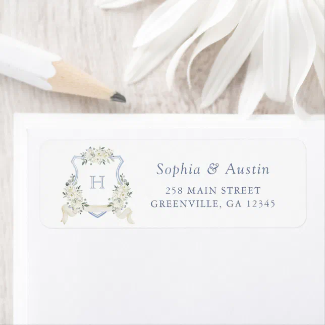 Elegant Floral Dusty Blue Crest Return Address Label | Zazzle