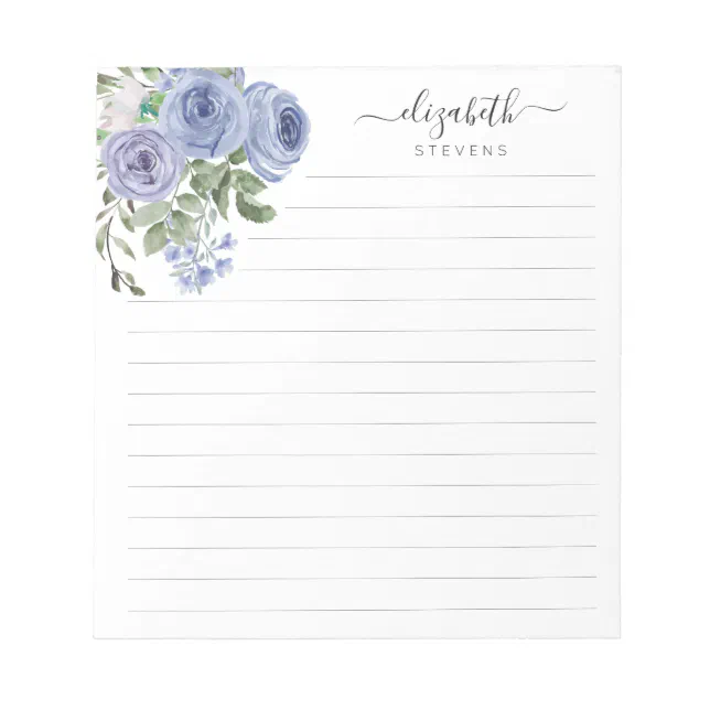 Elegant Floral Dusty Blue Watercolor Rose Script Notepad | Zazzle