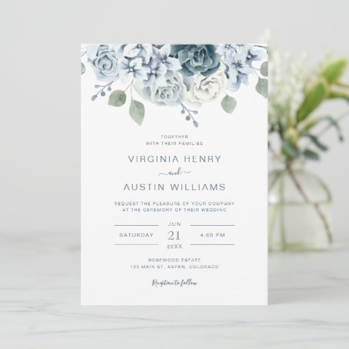 Elegant Floral Dusty Blue Wedding Invitation | Zazzle