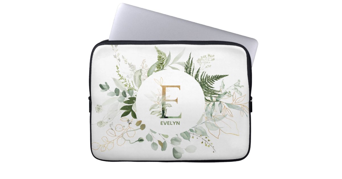 Elegant Floral E Green Laptop Sleeve | Zazzle