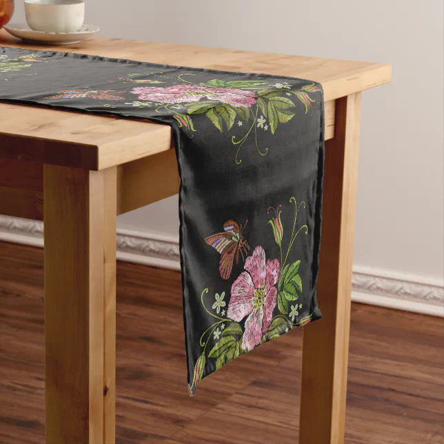 Elegant Floral Embroidery Pattern Black Background Long Table Runner ...