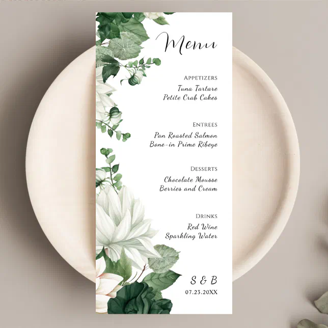Elegant Floral Emerald Green Wedding Menu | Zazzle