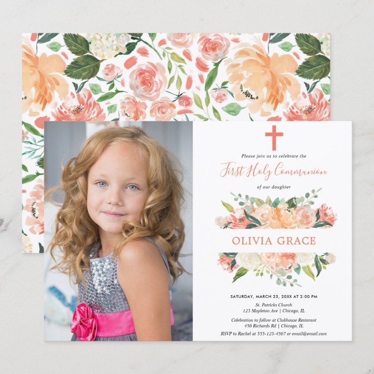 Elegant floral first holy communion girl photo invitation | Zazzle