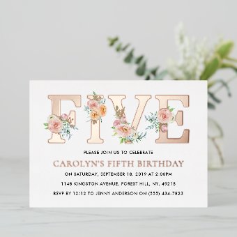 Elegant Floral FIVE 5th Birthday Real Foil Invitation | Zazzle