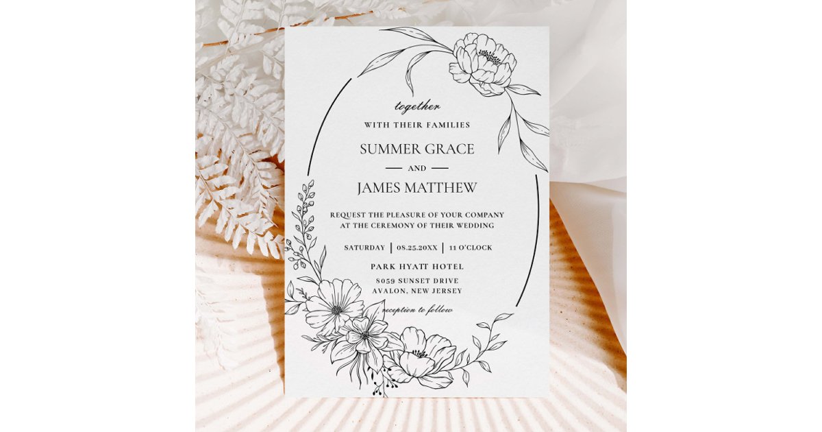 Elegant Floral Flowers Botanical Line Art Wedding Invitation | Zazzle