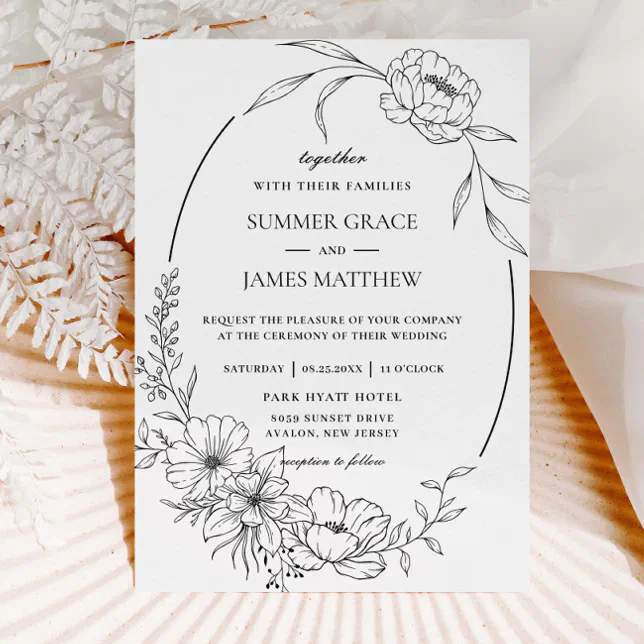 Elegant Floral Flowers Botanical Line Art Wedding Invitation | Zazzle