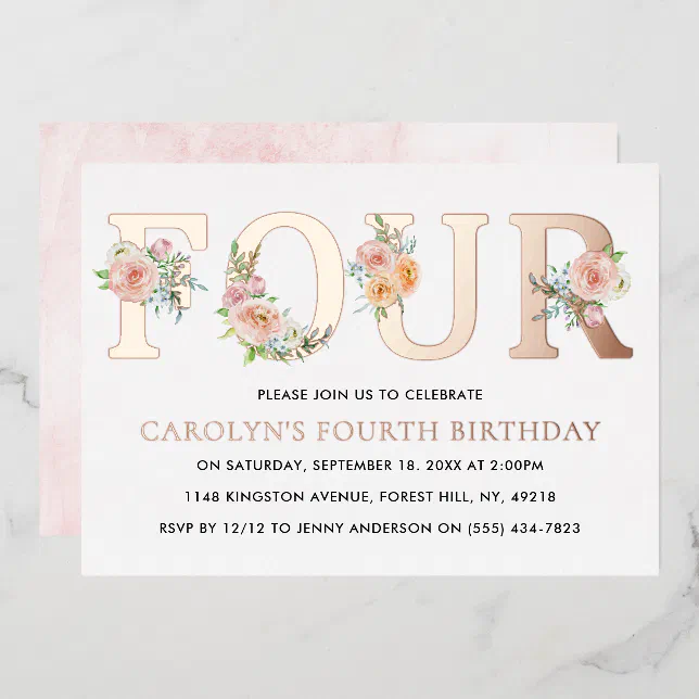 Elegant Floral FOUR 4th Birthday Real Foil Invitation | Zazzle