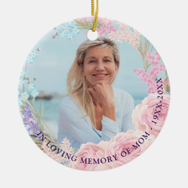 Elegant Floral Frame In Loving Memory Photo Ceramic Ornament | Zazzle