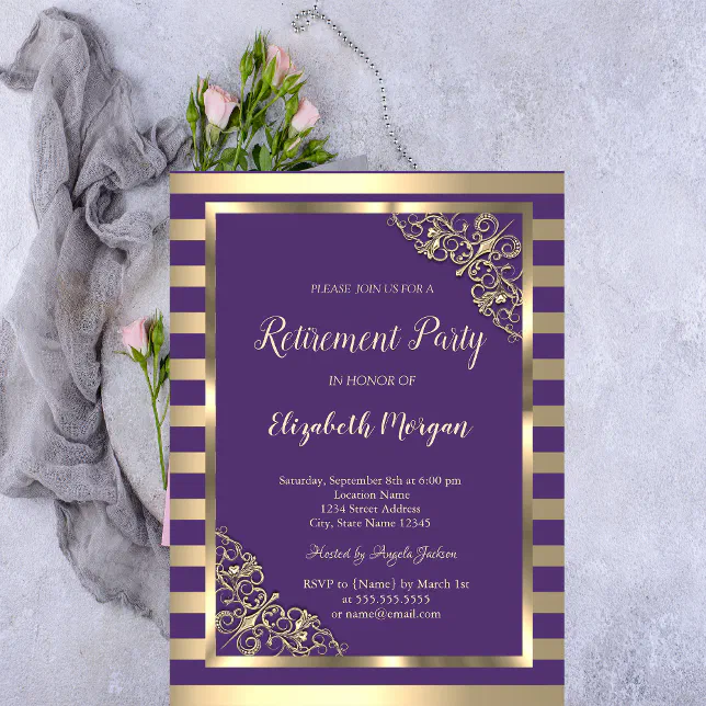 Elegant Floral Frame Striped Purple Retirement Invitation | Zazzle