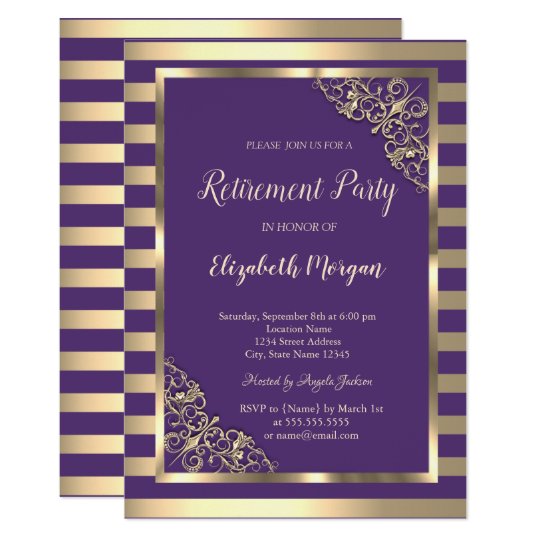 Elegant Floral Frame Striped Purple Retirement Invitation | Zazzle.com