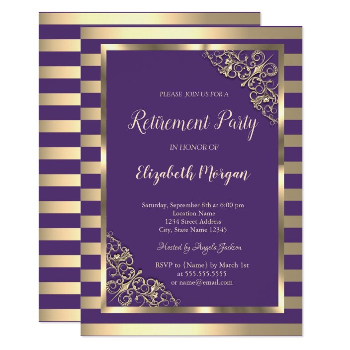 Elegant Floral Frame Striped Purple Retirement Invitation | Zazzle.com