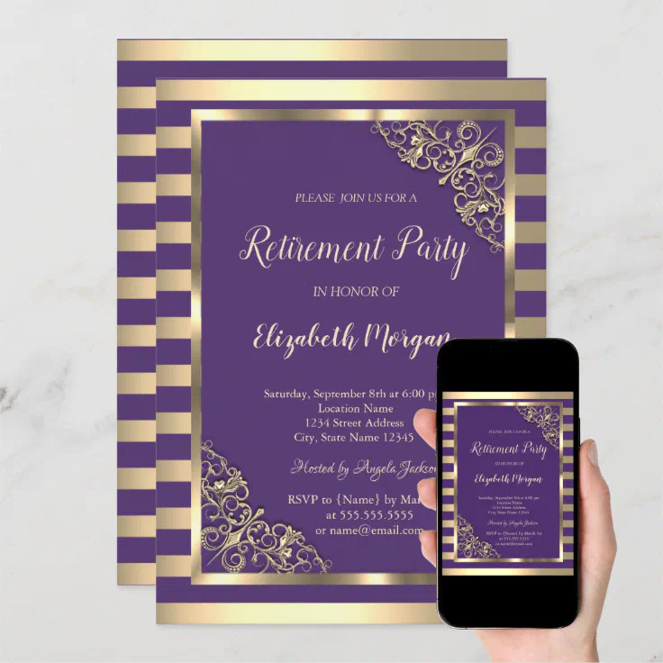 Elegant Floral Frame Striped Purple Retirement Invitation | Zazzle