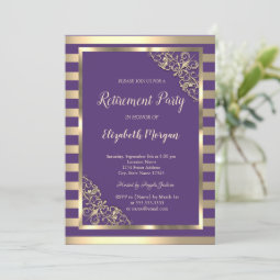 Elegant Floral Frame Striped Purple Retirement Invitation | Zazzle