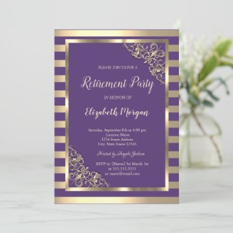 Elegant Floral Frame Striped Purple Retirement Invitation | Zazzle