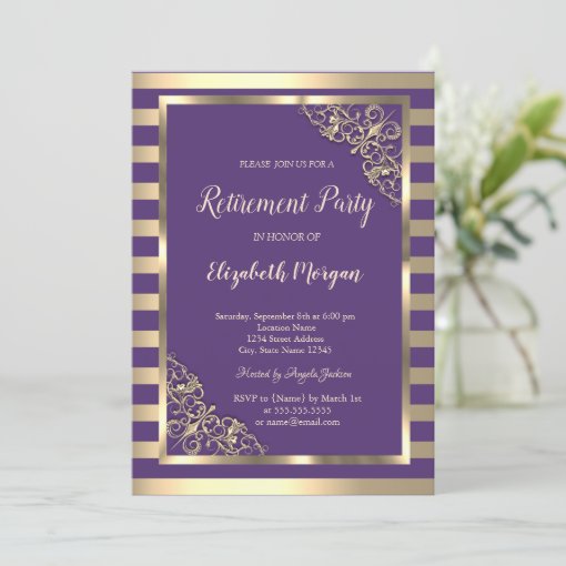 Elegant Floral Frame Striped Purple Retirement Invitation | Zazzle