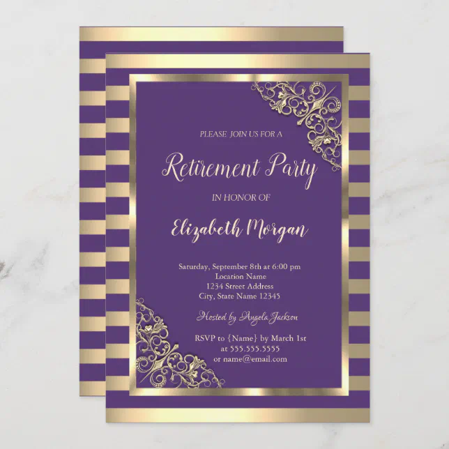 Elegant Floral Frame Striped Purple Retirement Invitation | Zazzle