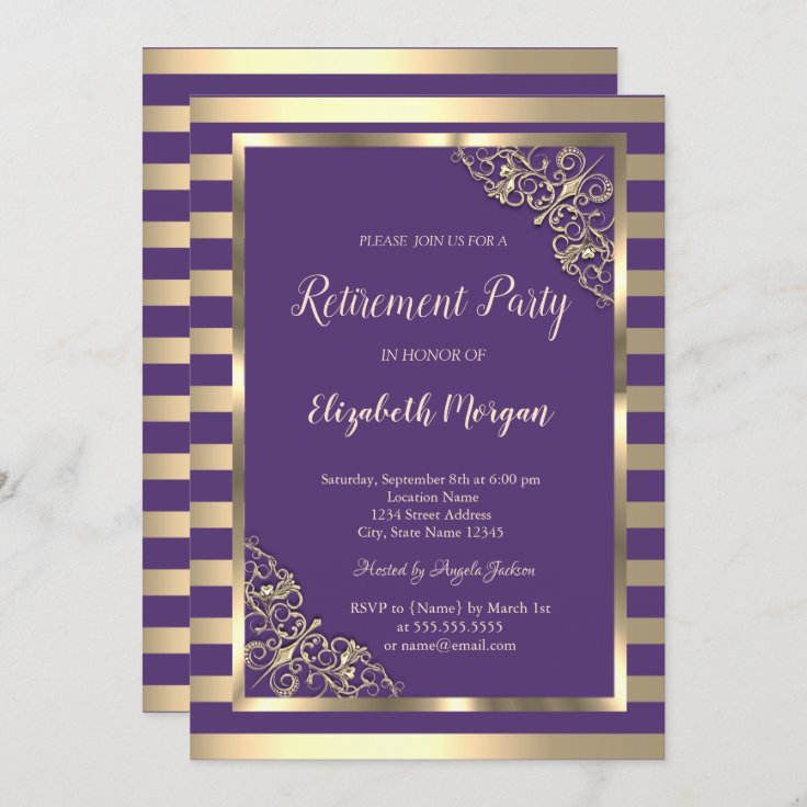 Elegant Floral Frame Striped Purple Retirement Invitation | Zazzle