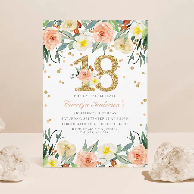 Elegant Floral Girls 18th Birthday Invitations | Zazzle