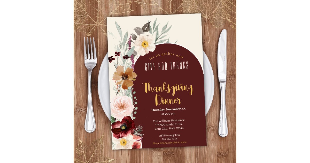 Elegant Floral Give God Thanks Thanksgiving Dinner Invitation | Zazzle