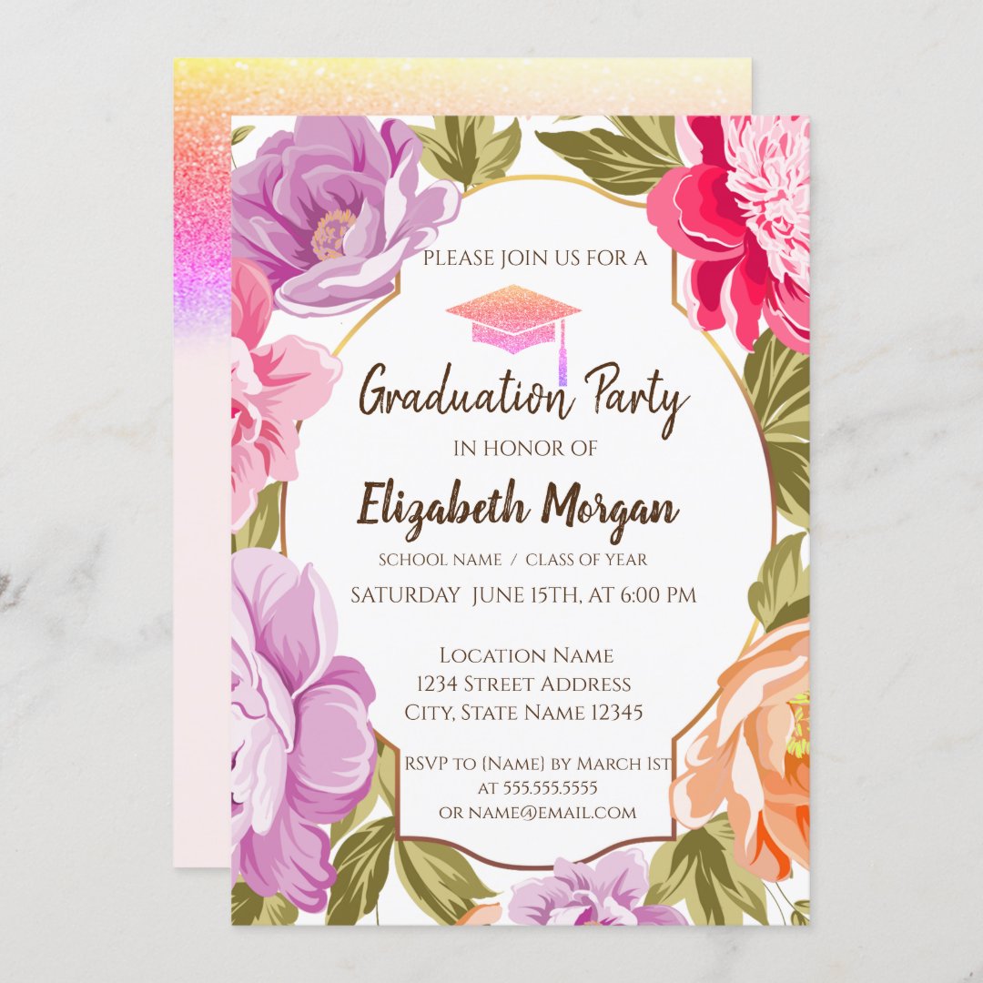 Elegant Floral, Glitter Graduation Cap Invitation | Zazzle