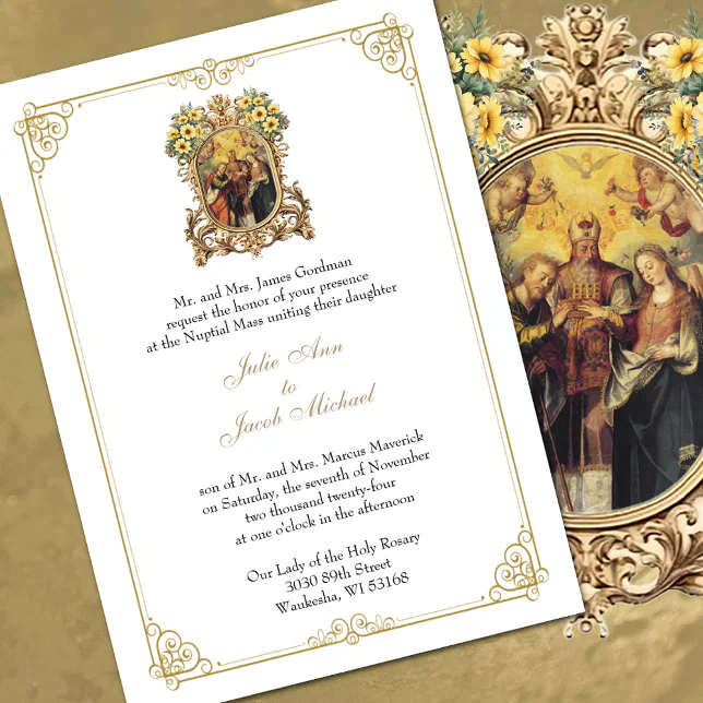 Elegant Floral & Gold Catholic Wedding Invitation | Zazzle