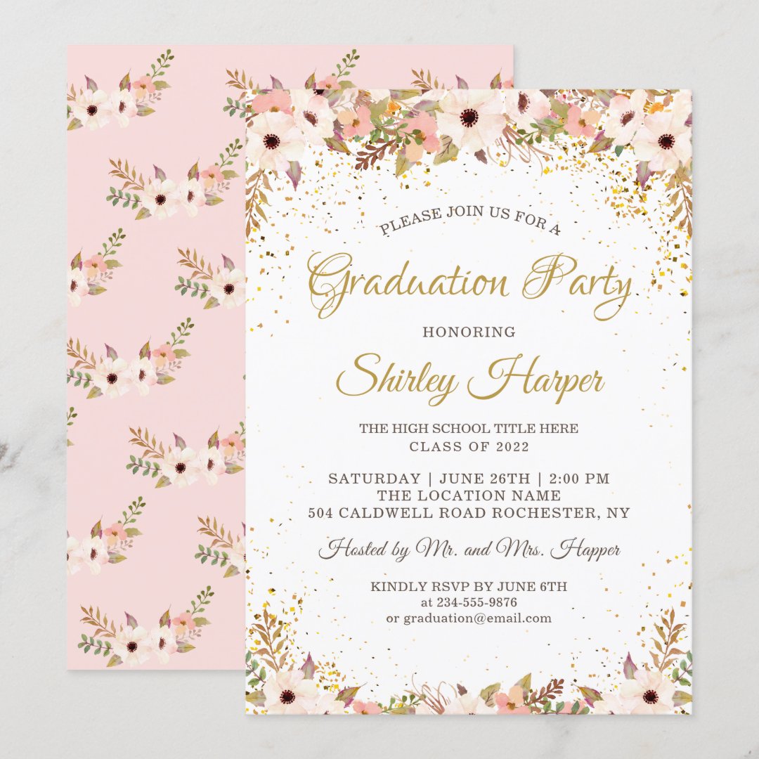 Elegant Floral Gold Confetti Pink Graduation Party Invitation | Zazzle