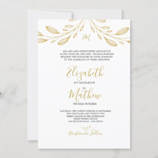 Elegant Floral Gold Formal Wedding Invitation | Zazzle