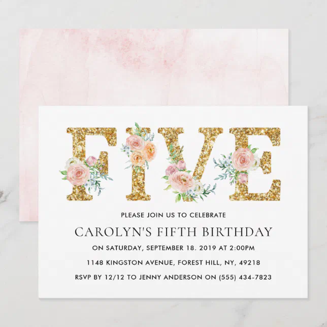 Elegant Floral Gold Glitter FIVE 5th Birthday Invitation | Zazzle