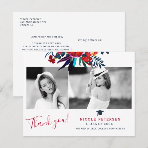 Elegant floral graduate photo graduation thank you postcard | Zazzle