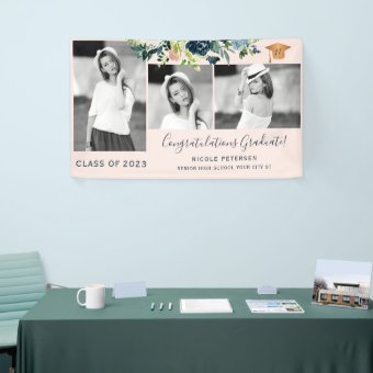 Elegant floral graduation party photo collage banner | Zazzle
