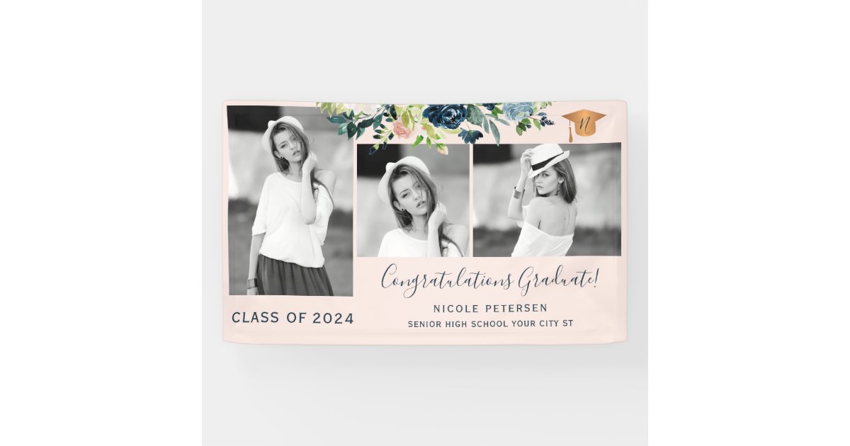 Elegant floral graduation party photo collage banner | Zazzle