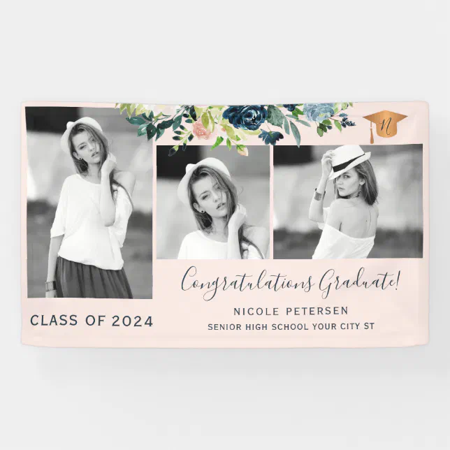 Elegant floral graduation party photo collage banner | Zazzle