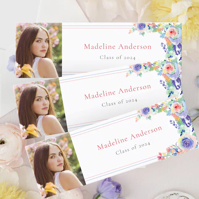 Elegant Floral Graduation Photo Name Card | Zazzle
