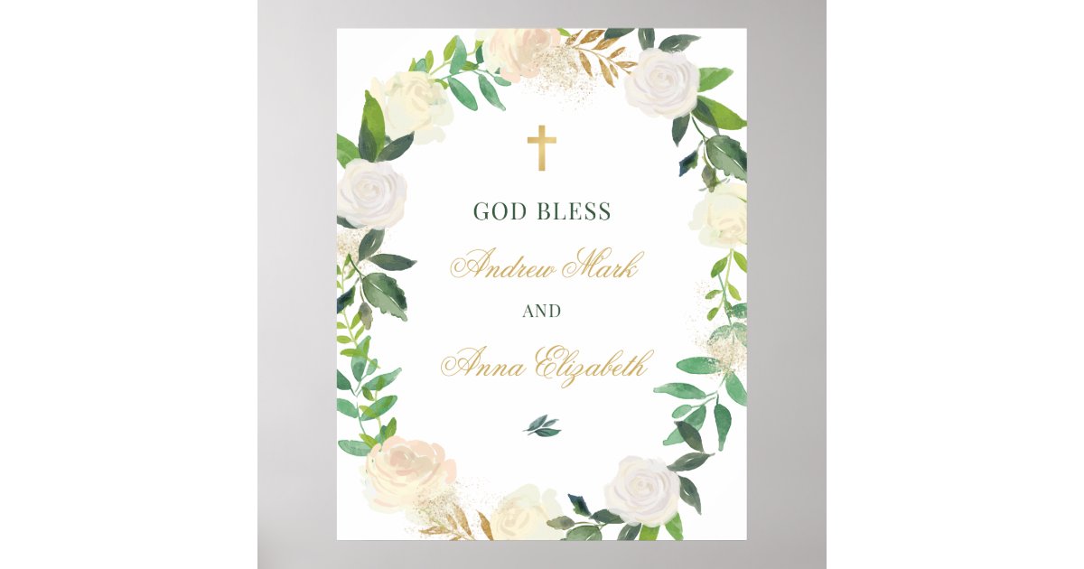Elegant Floral Greenery Wreath Custom God Bless Poster | Zazzle